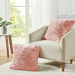 Hyde Lane Luxury Blush Faux Fur Throw Pillow Covers | Soft Fluffy Fuzzy Cushion Cover | Pink Pillows Case for Couch Sofa Bed Aesthetic Room Decor, 18”x18”, 2 Pack