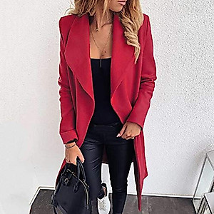 Akabsh Women Fashion Long Coat Woolen Pocket Cardigan Lace-up Long Sleeve Jacket Solid Color Coat Women Coat Tops Cardigan