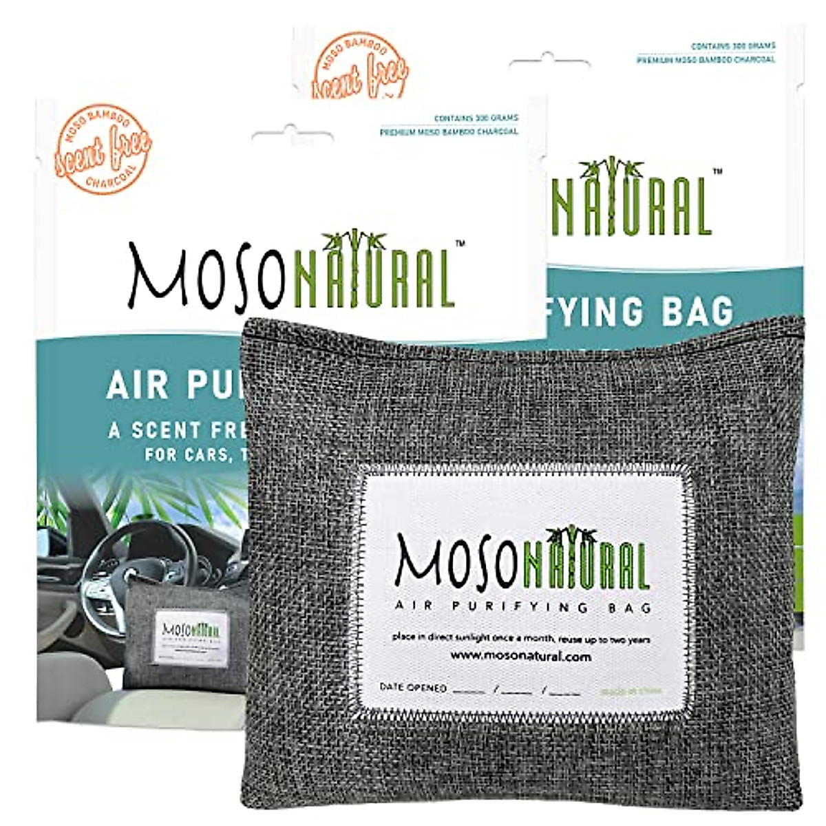 Moso Natural Car Air Purifying Bag. (2 Pack) A Scent Free Odor Eliminator + Air Freshener For Cars, Trucks and SUVs. Premium Moso Bamboo Charcoal Odor Absorber.