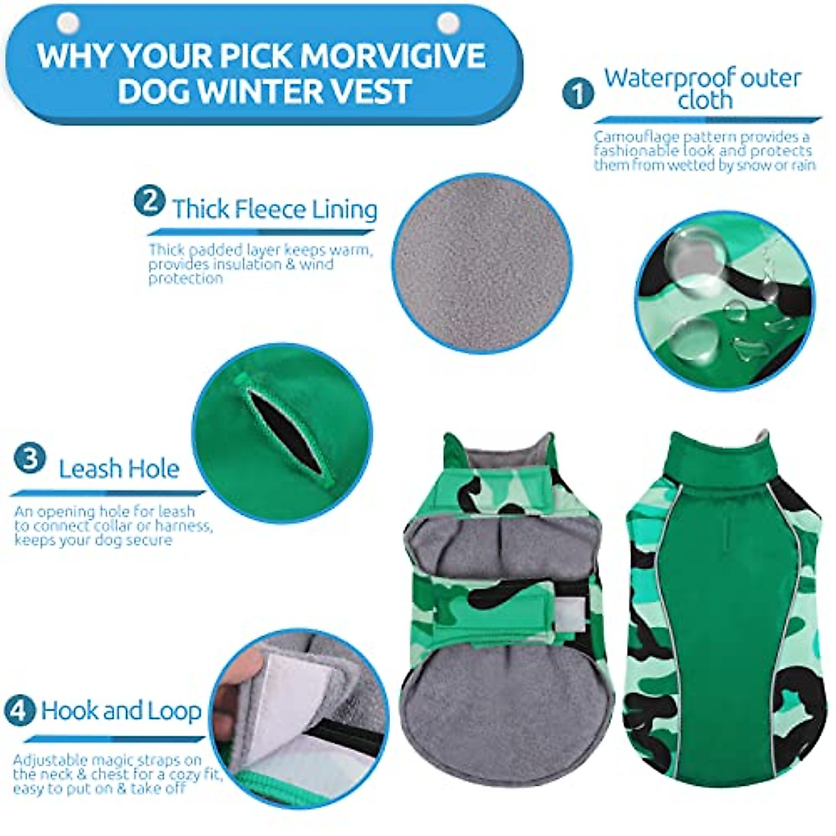 MORVIGIVE Camo Winter Dog Coat, Reversible Waterproof Dog Jacket Dog Cold Weather Coats, Warm Dog Puffer Jacket Reflective Dog Coat with Harness Built in for Small Medium Large Dogs