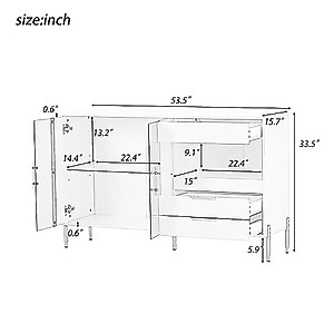 Knocbel Contemporary 53.5" Buffet Sideboard Storage Cabinet with 3 Drawers, Acrylic Doors and Adjustable Glass Shelves, Living Room Entry Hallway Foyer Table Coffee Bar Cabinet