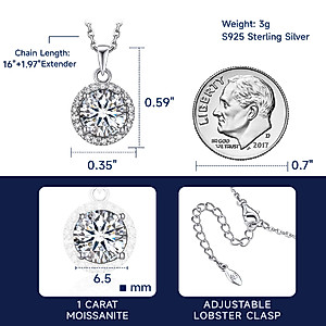 MomentWish Moissanite Necklace for Women, Birthday Gifts for Women, 1Carat Simulated Diamond Pendant 925 Sterling Silver Necklace, Halo Necklace Valentine's Day Christmas Gift
