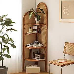 CraftThink 4-Tier Corner Shelf, Tall Corner Accent Chest Display Storage Rack with Counter Top and Multiple Shelves for Living Room Bedroom Home Office, Cherry