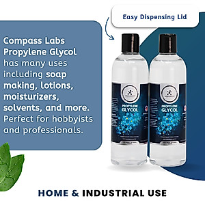 Propylene Glycol 2 Pack, Pure PG Dispensing Bottles, USP Kosher Food Grade PG Liquid for Soaps, Lotions, Moisturizers, Solvents, 500mL by Compass Laboratory