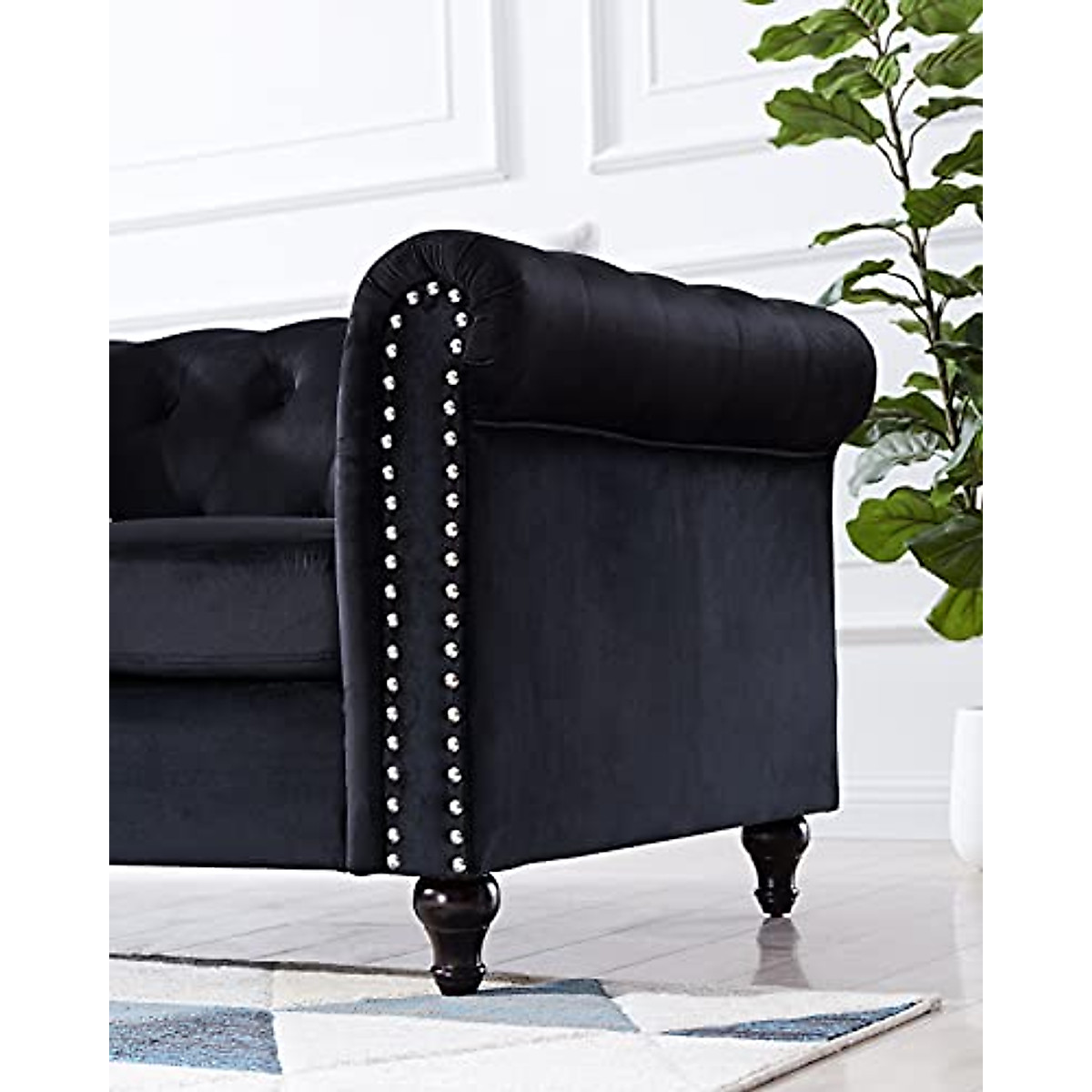 Melpomene Black Velvet Living Room Loveseat Sofa with Button Tufted Nailhead and 2 White Villose Cushions (2 seat)