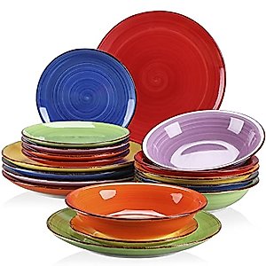 vancasso Bonita Muticolour Dinner Set- 18 Pieces Stoneware Dinnerware Set for 6, Handpainted Spirals Pattern Ceramic Combination Set with 10.5in Dinner Plate, 7.7in Dessert Plate and 750ml Soup Bowl