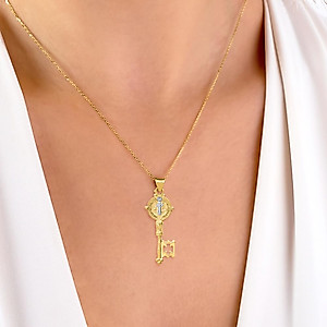 Diamond2Deal Gift for Mothers Day 14K Yellow Gold with Rhodium Plated Religious Crucifix Cross Key Pendant Fine Jewelry for Women (L- 34.25 mm W- 11.6 mm)