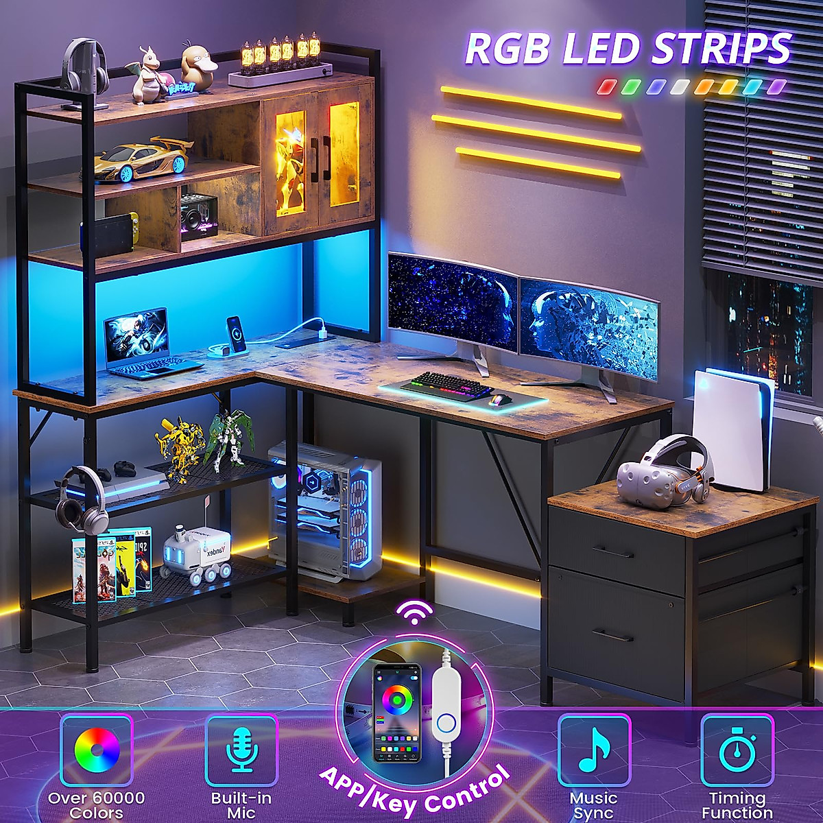 UPOSOJA L Shaped Computer Desk, 69.7in Gaming Desk with Hutch, Home Office Desk with Power Outlet, Bookshelf Led Strip File Cabinet Printer Rack (Brown, 1 Hutch)