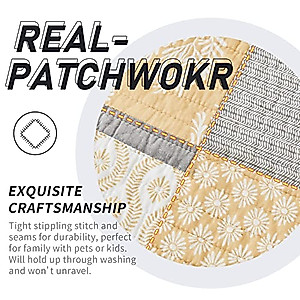 Y-PLWOMEN King Size Quilt, 100% Cotton Lightweight Soft King Quilt, Patchwork Reversible Bedspread Sets, Yellow Grey White Floral Quilt Bedding Set for All Season, 3-Pieces