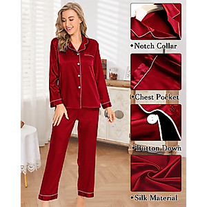 SWOMOG Womens 4pcs Pajamas Sets Silk Satin Pjs Sexy Cami Shorts Set Button Down Long Sleeve Sleepwear Loungewear, Red Medium