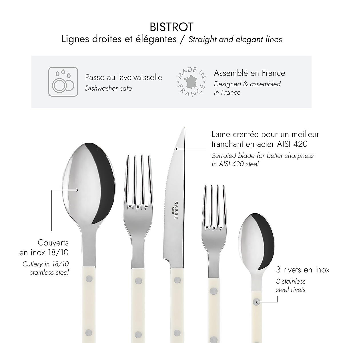 SABRE PARIS - 5-Piece Flatware Set - Bistrot Collection - Knife, Fork, Soup Spoon, Teaspoon & Dessert Fork - Stainless Steel & Nylon - Dishwasher Safe - Ivory - Brilliant Finish