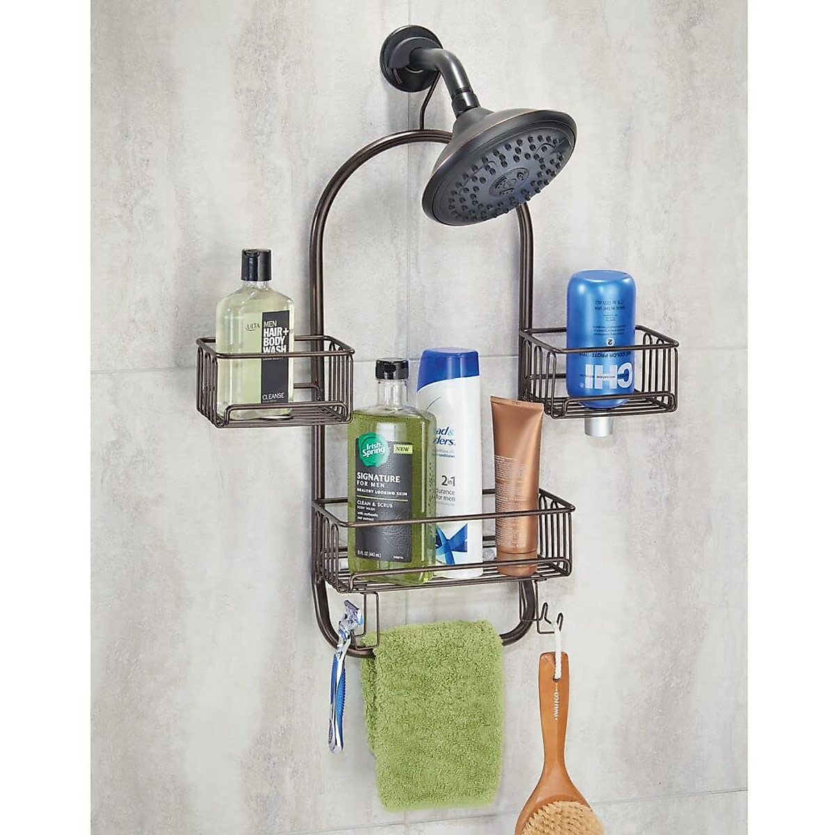 mDesign Modern Metal Wire Bathroom Tub & Shower Caddy, Hanging Storage Organizer Center - 2 Wash Cloth/Razor Hooks, 3 Baskets - for Bathroom Shower Stalls, Bathtubs - Rust Resistant - Bronze