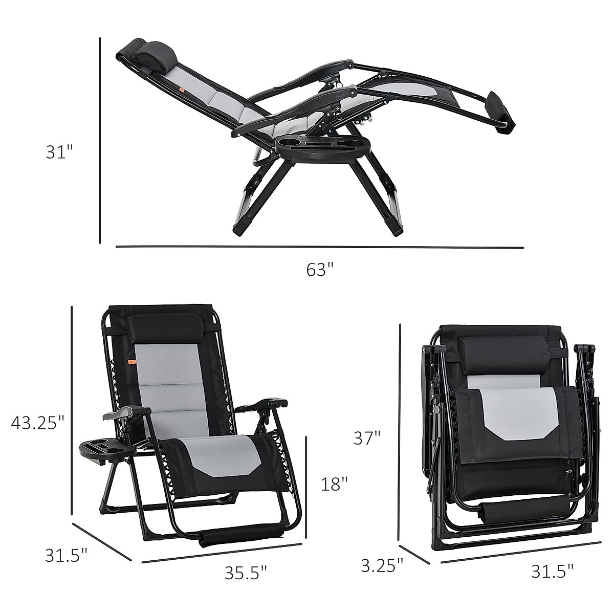 Outsunny Foldable Outdoor Lounge Chair with Footrest, Oversized Padded Zero Gravity Lounge Chair with Headrest, Side Tray, Cup Holders, Armrests for Camping, Lawn, Garden, Black