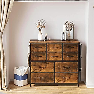 10 Drawers Fabric Dresser Storage Drawers, Tall Dresser with Sturdy Frame&Wooden Top, Organizer Unit for Closet, Living Room, Entryway, Hallway, Rustic Brown
