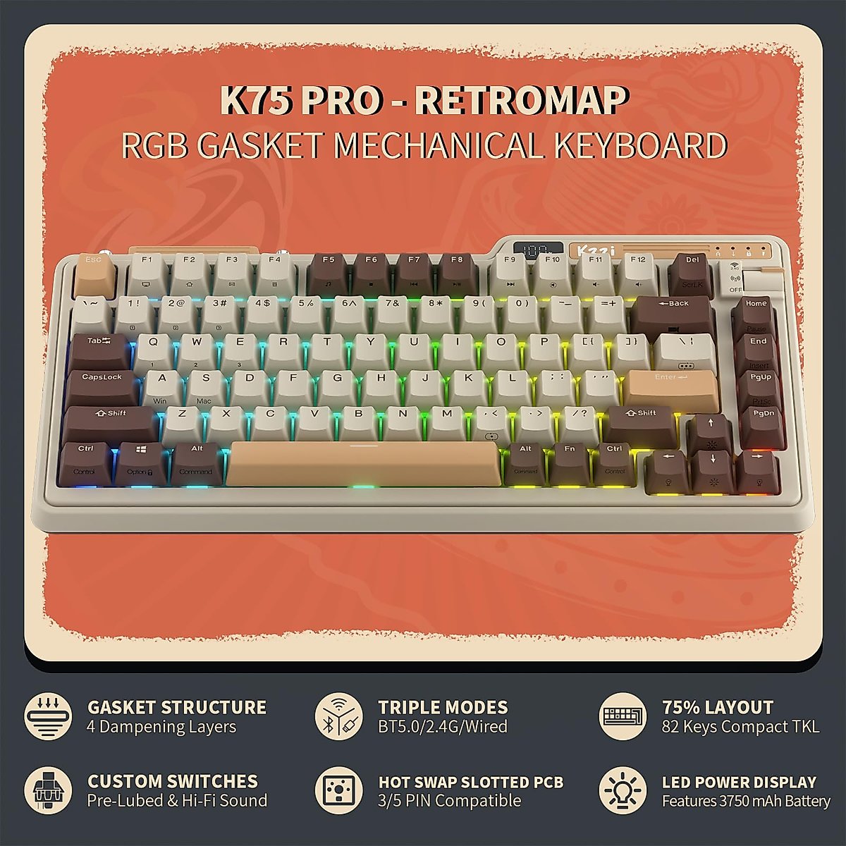 KZZI K75 PRO RGB 75% Wireless Gasket Mechanical Keyboard, Triple Mode BT 5.0/2.4G/USB-C 82 Keys Hot Swappable Gaming Keyboard w/Knob & Power Display, Custom Tactile Switches, Mousse Brown