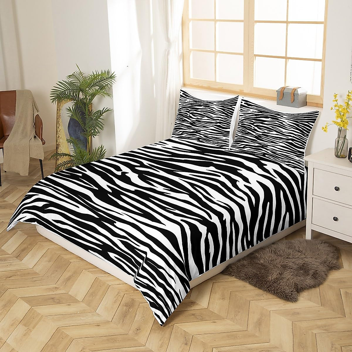 Erosebridal Zebra Print Duvet Cover King Black and White Bedding Sets, Wild Animal Theme Bed Set Safari Wildlife Fur Comforter Cover, Abstract Stripe Bedding Microfiber Super Cozy 3pcs