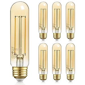 TORCHSTAR Tubular LED Light Bulbs, T10 Vintage Light Bulb Dimmable, UL Listed, 4.5W Equivalent 25W, 400lm, CRI90, Edison Tube Bulb for Chandeliers, Amber Glass, 2200K Amber Warm, E26 Base, Pack of 6