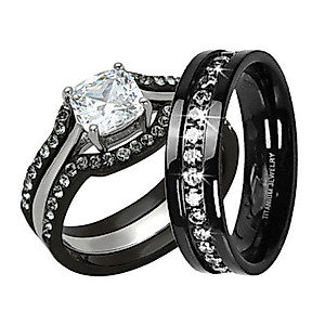Marimor Jewelry His and Hers 4 Piece Black Stainless Steel and Titanium Wedding Engagement Ring Band Set Size Women's 10 Men's 10