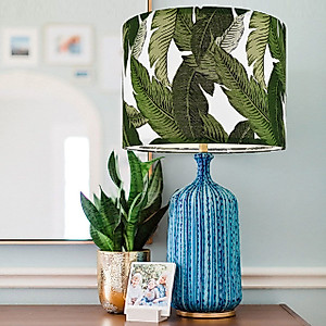 Tropical Lamp Shades - Natural Burlap Drum Lampshades with Greenery Leaf Print - 13" Top x 13" Bottom x 10" High - Ideal for Table & Floor Lamps - Hand Crafted - Farmhouse Decor - Assembly Required