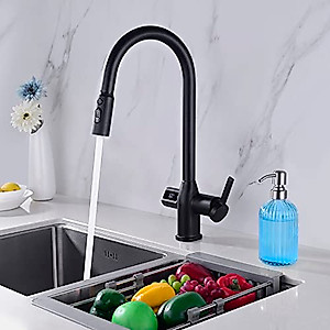Leetcp LED Kitchen Faucet with Temperature Digital Display,Solid Brass Kitchen Sink Faucets with Pull Down Sprayer and 3 Modes,360 Rotatable Pull Down Kitchen Faucet,Matte Black