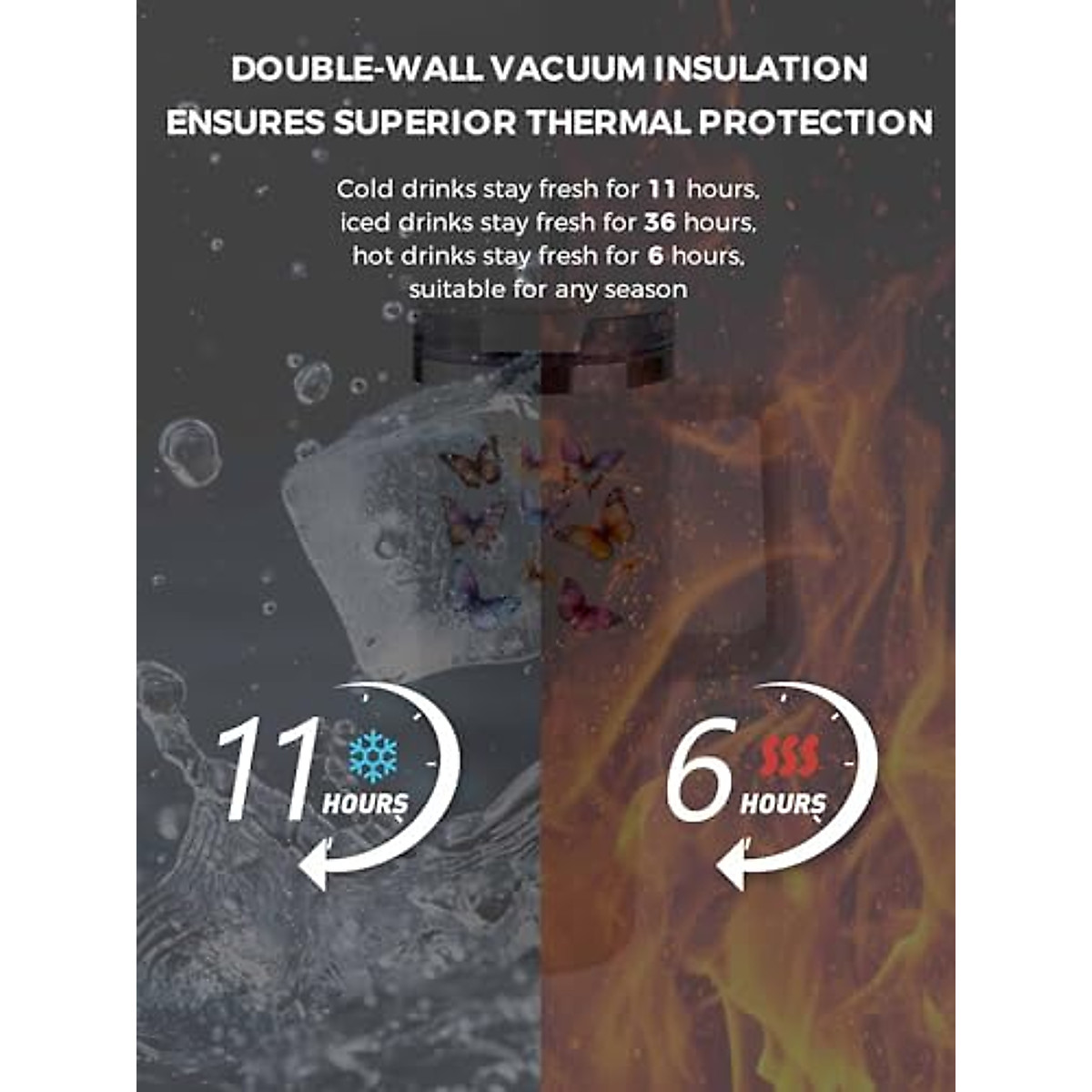 40 ounce insulated cup with handle, double-layer vacuum stainless steel material, equipped with straw, can keep warm or maintain cold drinks Colorful Butterfly grey