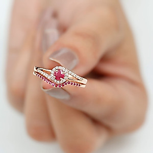 1 CT Ruby and Diamond Ring Set, Ruby Wedding Ring Set, Minimal Ruby Gold Bypass Ring, Genuine Ruby Bridal Ring Set for Women, 14K Rose Gold, Size:US 8.00