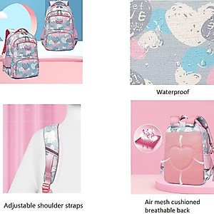 ETAISHOW Girls Heart-Print Backpack for School Elementary Kids School Bag Waterproof Bookbag Lightweight