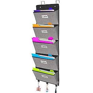 homyfort Over the Door File Organizer, Wall Hanging File Folders with 5 Large Pocket for Mails, Magazines, Back to School Supplies,Office Chart Storage, Paper Organization (Grey)