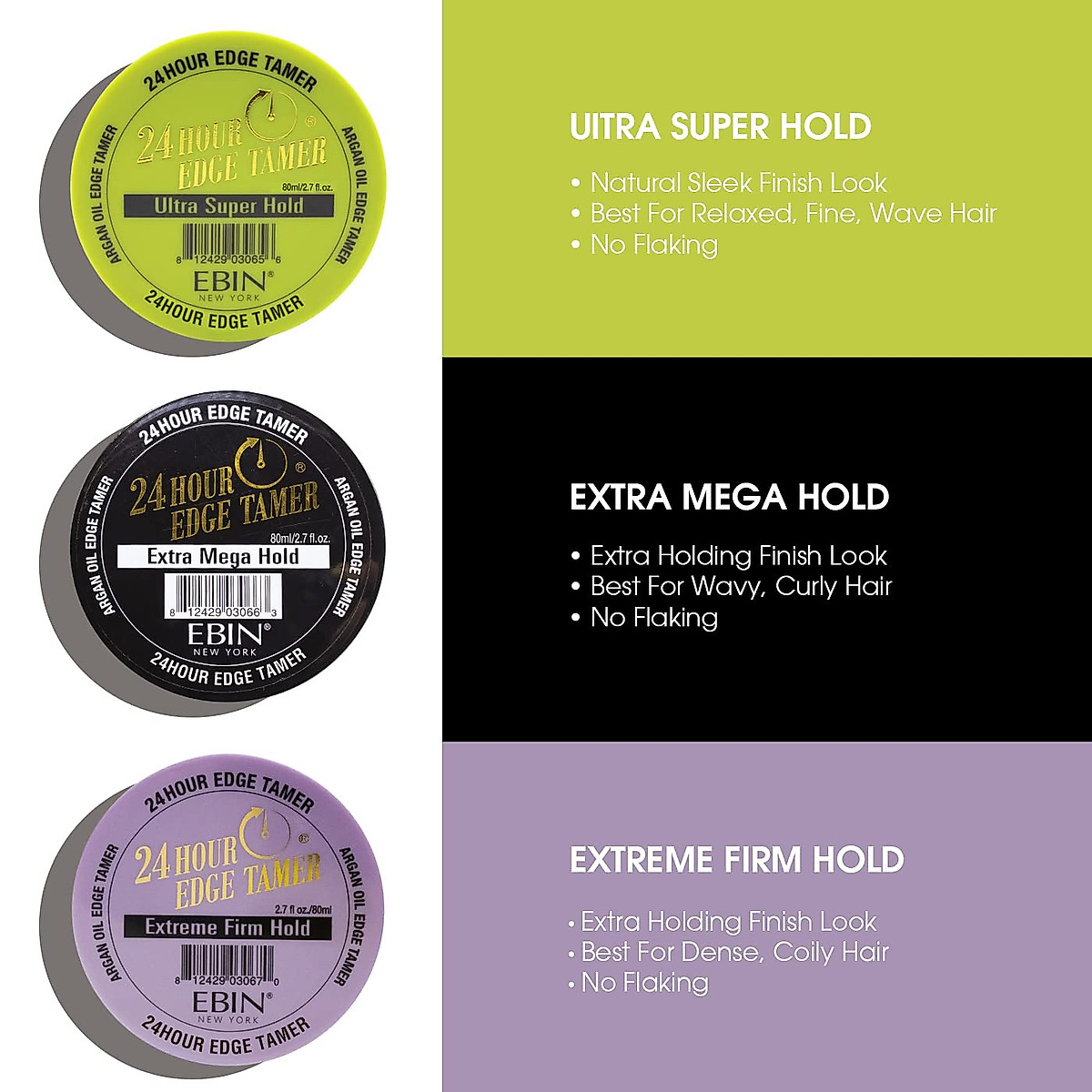 EBIN NEW YORK 24 Hour Edge Tamer - Extreme Firm Hold (0.5oz/ 15ml) - No Flaking, White Residue, Shine and Smooth texture with Argan Oil and Castor Oil