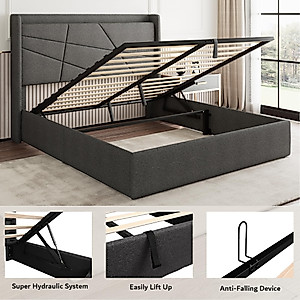 iPormis Queen Size Lift Up Storage Bed Frame with Charging Station, Upholstered Platform Bed Frame with Headboard, Hydraulic Storage, No Box Spring Needed, Noise-Free, Easy Assembly, Dark Grey