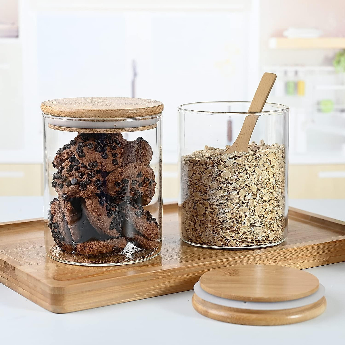 BONGBADA Clear Glass Food Storage Jar Tea Canister Containers with Airtight Seal Bamboo Lid Bulk Tea Coffee Bean Jar Cookies Flour Sugar Candy Spice Container (5.90x3.3/inch)