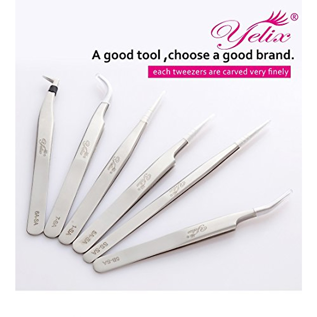 Yelix Cosmetic Stainless Steel Tweezers for Eyelash Extension Precision Makeup Tools for Eyelash Grafting Set 5B-SA