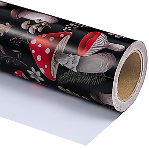 WRAPAHOLIC Mushroom Wrapping Paper Roll - Mini Roll - 17 Inch x 33 Feet - Black Red Mushrooms Plants Design, Perfect for Birthday, Autumn, Party, Holiday