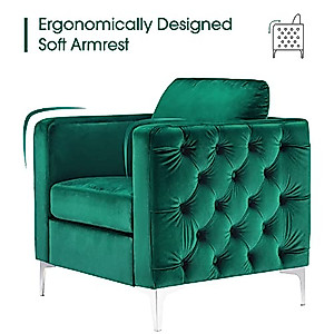MCombo Living Room Accent Chairs, Velvet Club Chair, Single Sofa Chair with Upholstered Tufted Button, Silver Metal Legs, Modern Armchair for Bedroom 4066 (Green)