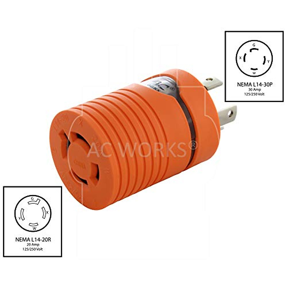 AC WORKS 30Amp 4 Prong 125/250Volt L14-30P Locking Plug to L14-20R 20Amp 4 Prong 125/250Volt Locking Female Generator Adapter (Compact)