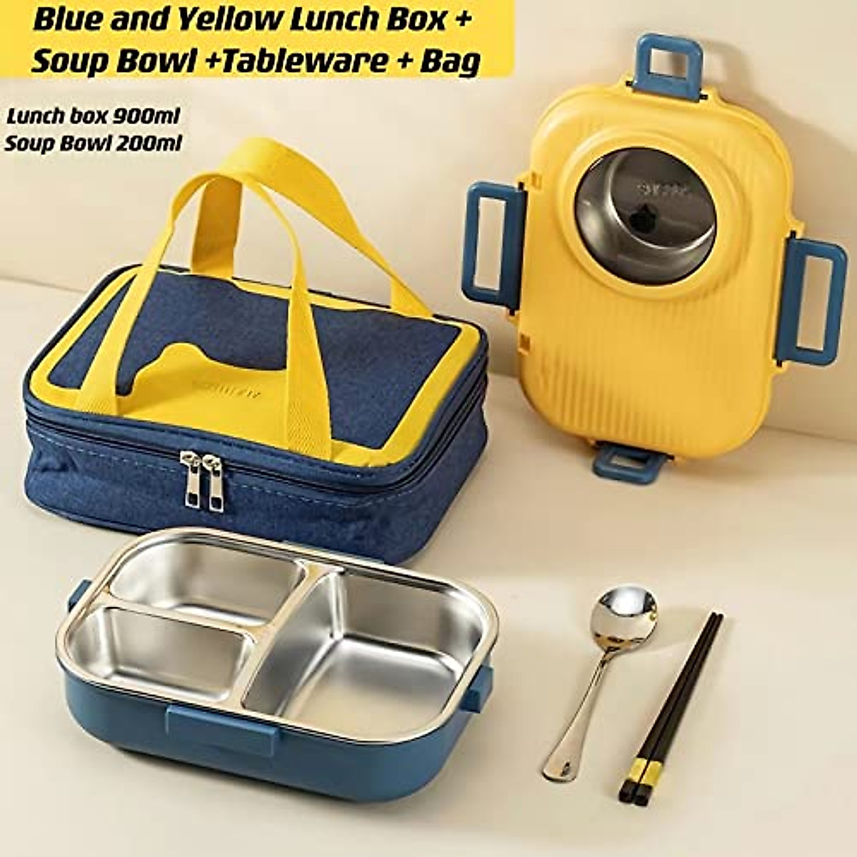 Yingluo Lunch Box,Hot Water Heating Portable Food Warmer,Removable 304 Stainless Steel Spoon And Portable Insulation Bag,1.1L,Yellow