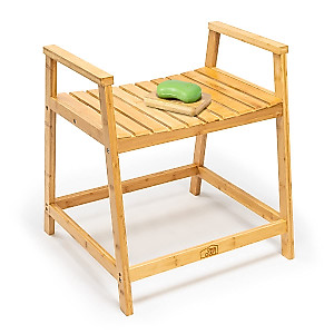OasisCraft Bamboo Shower Bench, 22" Shower Chair with Free Soap Dish, Waterproof Wood Spa Bath Seat with Arms Wooden Bathroom Stool Shower Seat for Indoor Outdoor