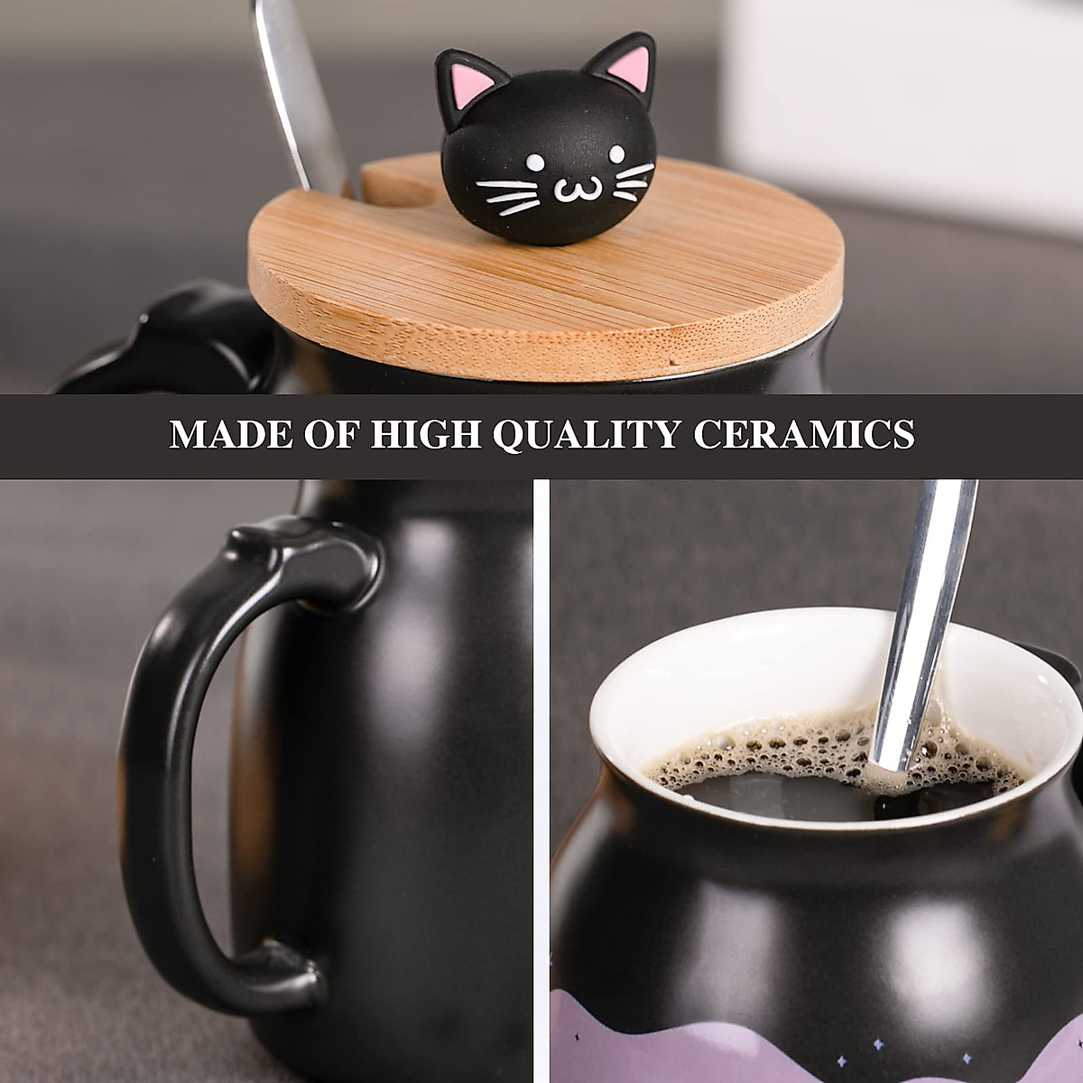 YUESHICO Witches coffee mug - Witch Ceramic Coffee Cup with Black Cat Bamboo Lid Stainless Steel Spoon, Novelty Morning Cup Tea Milk Christmas Halloween Mug Gift 420ML (Black)