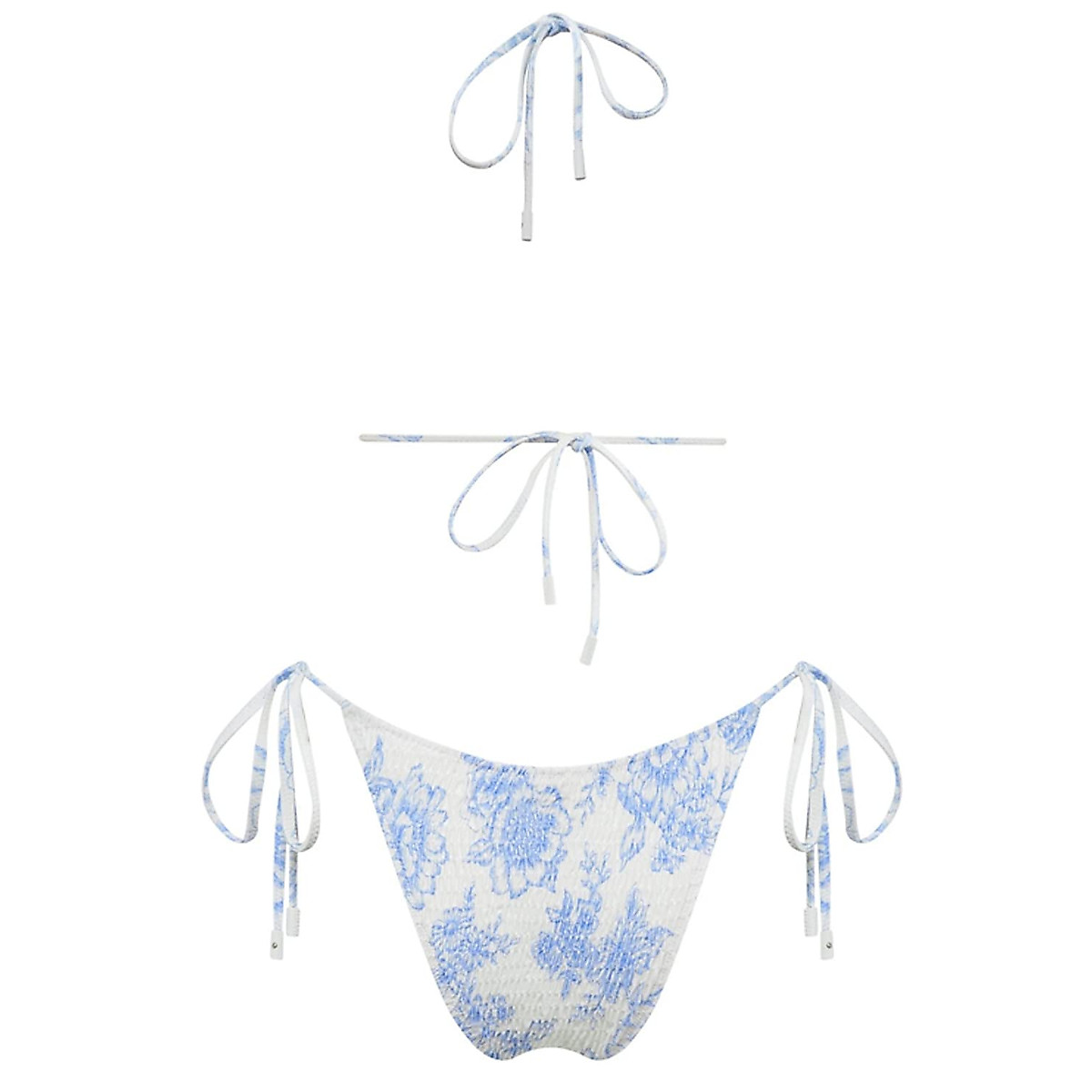 VOLAFA Women's Triangle Bikini Set String Swimsuit Print Tie Smocked Ruched Two Piece Bathing Suit (Small, Light Blue)