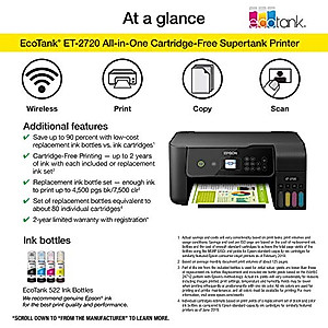 Epson EcoTank ET-2720 Wireless Color All-in-One Supertank Printer with Scanner and Copier - Black