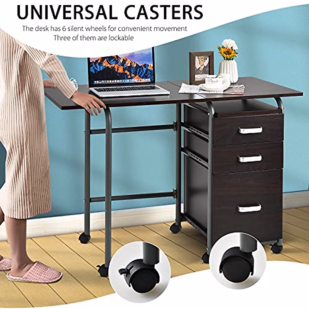 Tangkula Folding Computer Desk with 3 Storage Drawers, Mobile Home Office Desk Study Writing Desk with Smooth Wheels, Space Saving Compact Desk for Dorm Apartment, Rolling Folding Desk Table