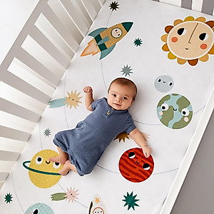Rookie Humans 100% Cotton Sateen Fitted Crib Sheet: Space Explorer. Modern Nursery, Use as a Photo Background for Your Baby Pictures. Standard Crib Size (52 x 28 inches)