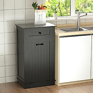 Visiblesser 10 Gallons Tilt Out Trash Bin Cabinet, Wooden Garbage Can Cabinet for Kitchen, Tilt Out Laundry Hamper Cabinet, Dog Proof Trash Cabinet Can Free Standing Holder, Black