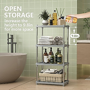 LEAIJIAFY 4 Tier Gray Plastic and Metal Standing Shelf Units, Durable Storage Shelves Rack Open Shelving for Pantry Kitchen Bathroom,13MM Steel Tubes