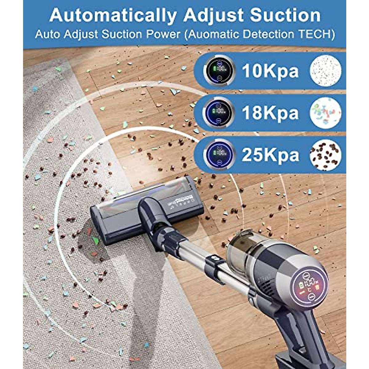 ORFELD Cordless Vacuum Cleaner - 25Kpa Stick Vacuum, 60mins Runtime Cordless Vacuum with LED Display, 6 in 1 Lightweight Deep Clean Quiet Vacuum Cleaner for Hardwood Floor Carpet Car Pet Hair