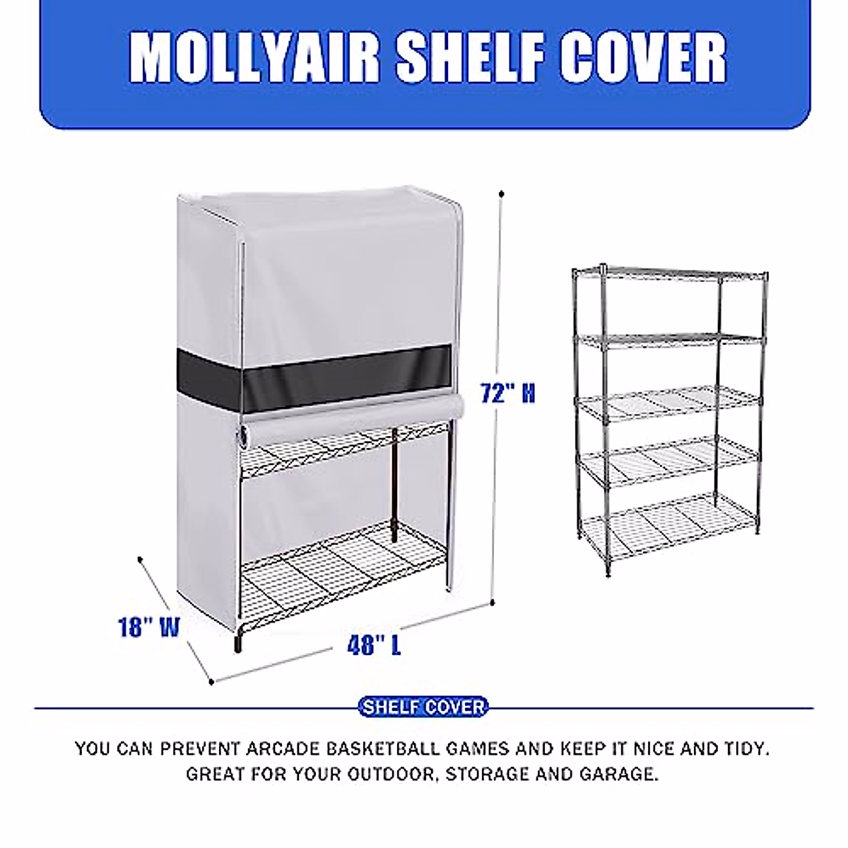 MOLLYAIR Wire Rack Cover, Suitable for Shelf 48X18X72in, Storage Shelf Unit Cover Used to Cover Sundries, Only Silver Black Cover