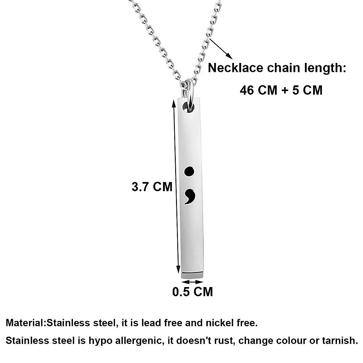 bobauna Semicolon Bar Necklace Mental Health Awareness Jewelry Inspirational Strength Gift For Cancer Survivor (semicolon bar necklace)