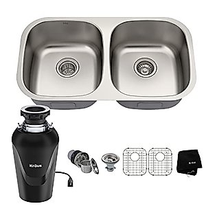 KRAUS Premier 32-inch 16 Gauge Undermount 50/50 Double Bowl Stainless Steel Kitchen Sink with WasteGuard™ Continuous Feed Garbage Disposal, KBU22-100-75MB