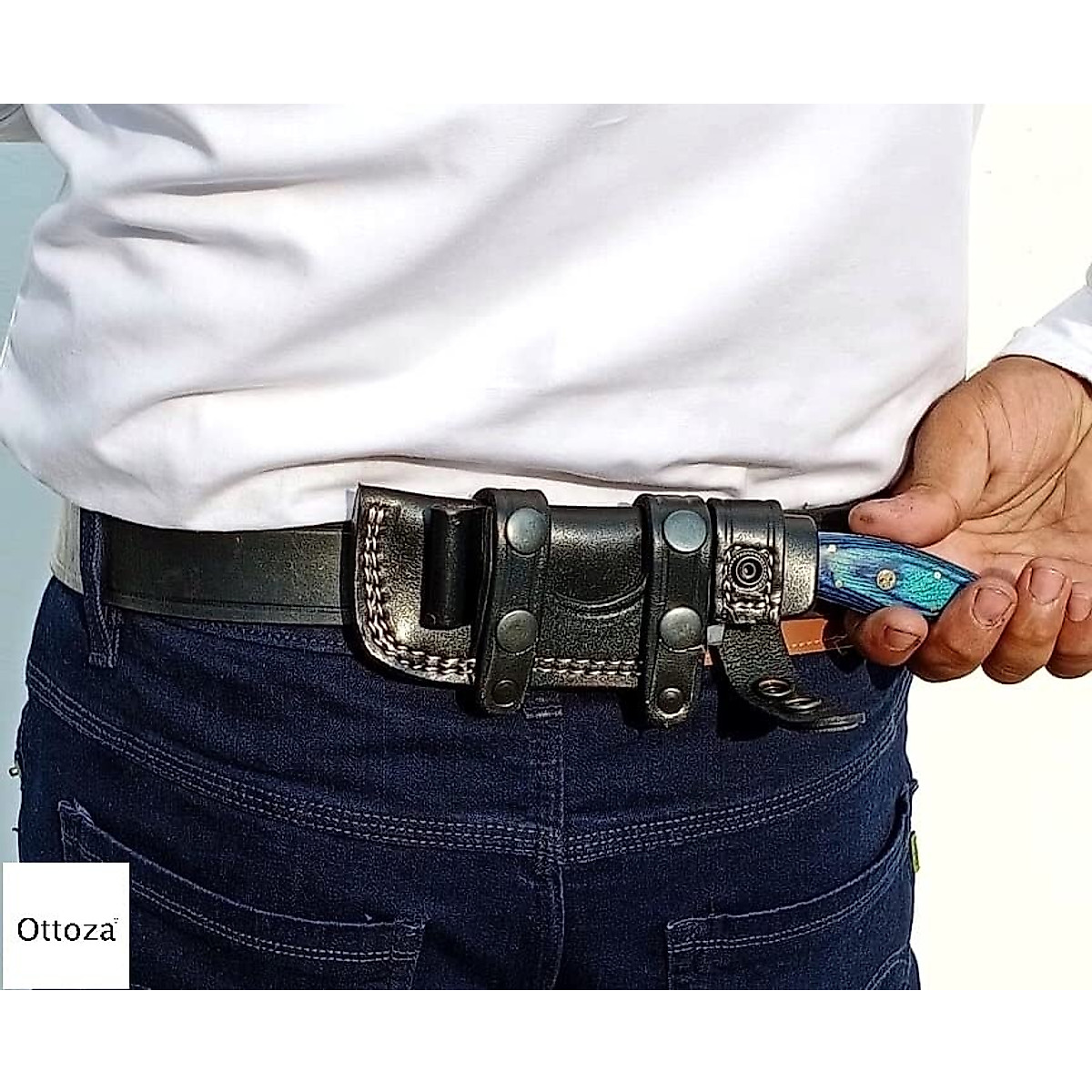 Ottoza Handmade Small Knife Sheath - Leather Knife Sheath RIGHT HAND Bushcraft Knife Sheath - Hunting Knife Sheath - Survival Knife Sheath - Horizontal Carry Black TOP GRAIN LEATHER No:173