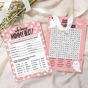 DISTINCTIVS Pink A Little Boo is Almost Due Girl Baby Shower Games - Who Knows Mommy Best and Word Search (2 Activity Game Bundle) - Set of 20 Player Cards, Halloween Baby Shower